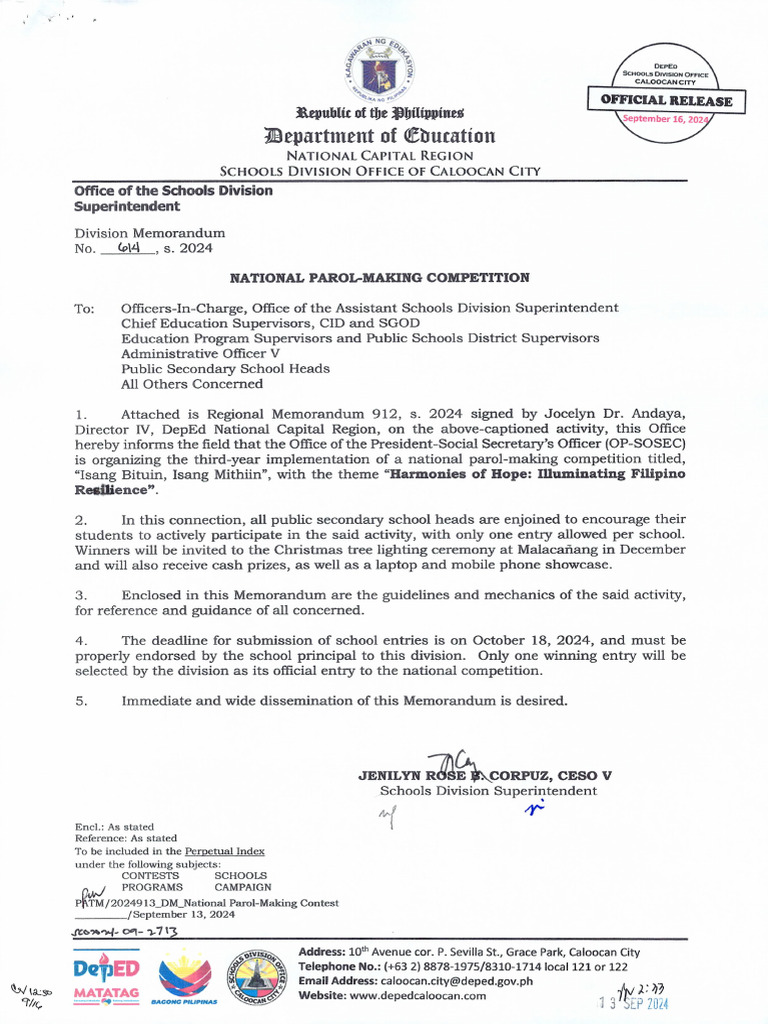 DM No. 614, S. 2024 - National Parol-Making Competition | PDF
