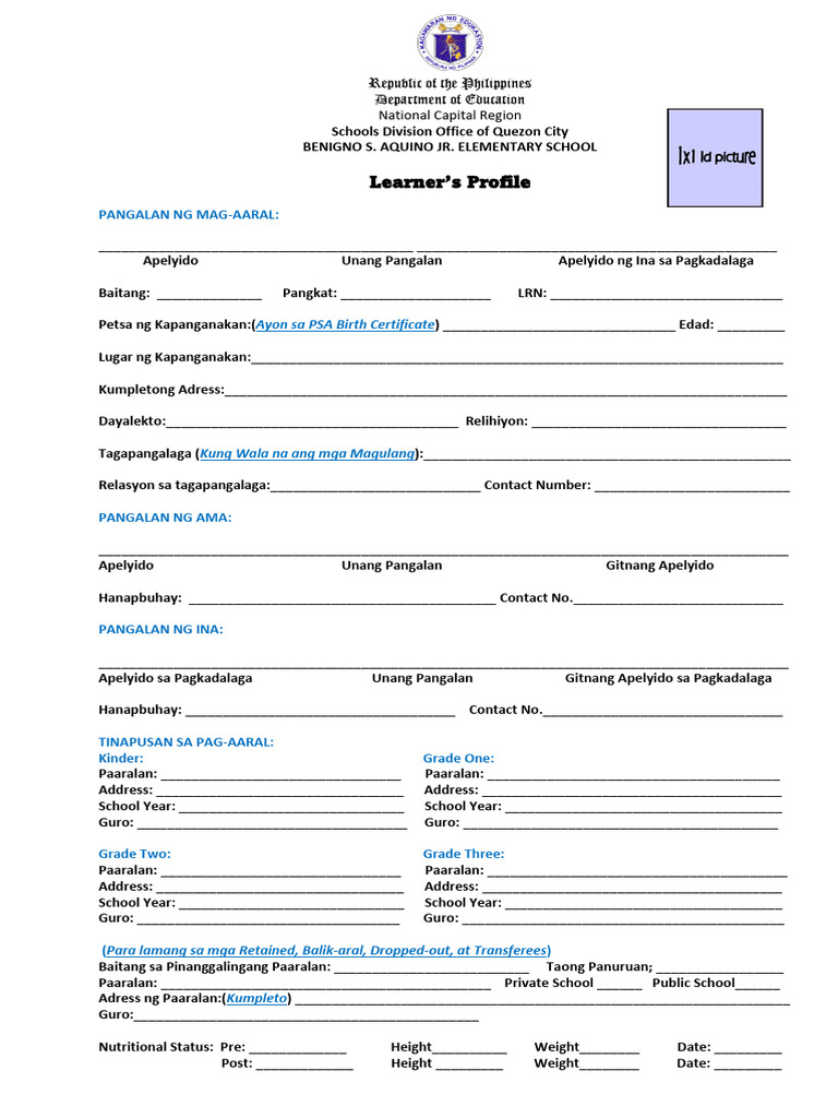 Learner's Profile Form for Grade 4 Students | PDF | Philippines | Wellness