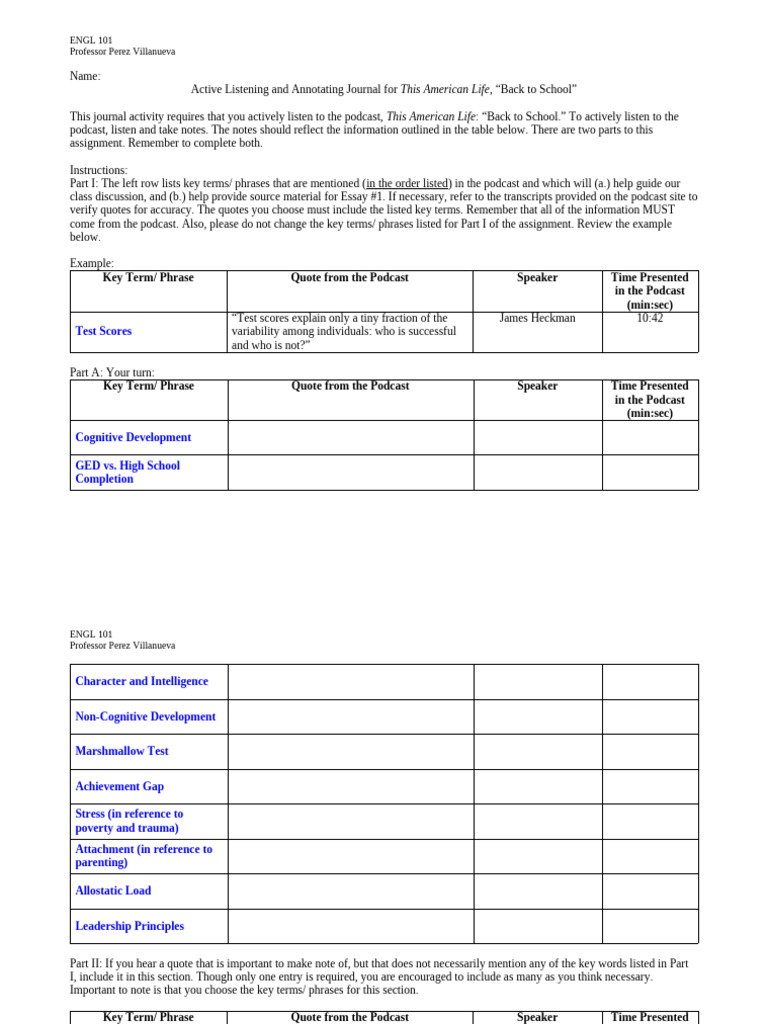 Active Listening and Annotating Journal For This American Life, "Back ...