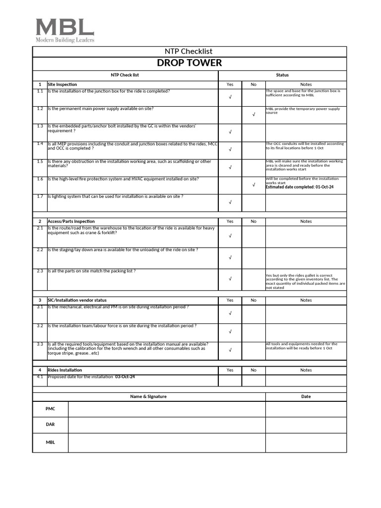 Final NTP Checklist (Drop Tower) - 11.09.2024 | PDF