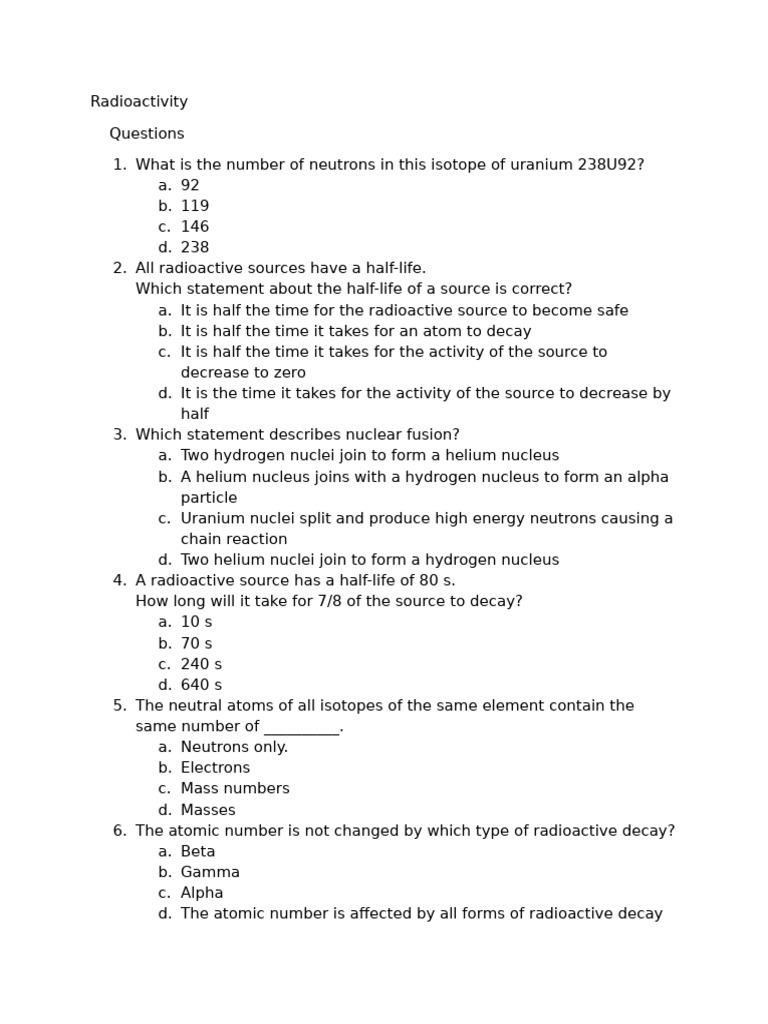 Radioactivity Quiz and Answers | PDF | Radioactive Decay | Atomic Nucleus