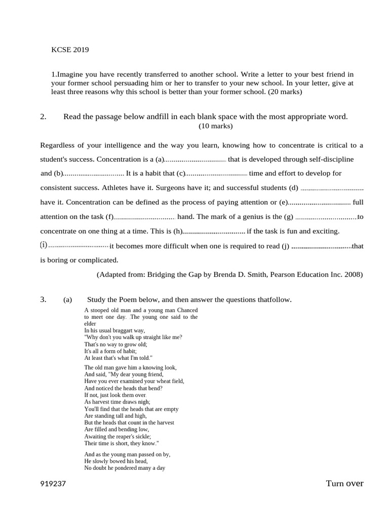 2019 KCSE English Paper 1 | PDF