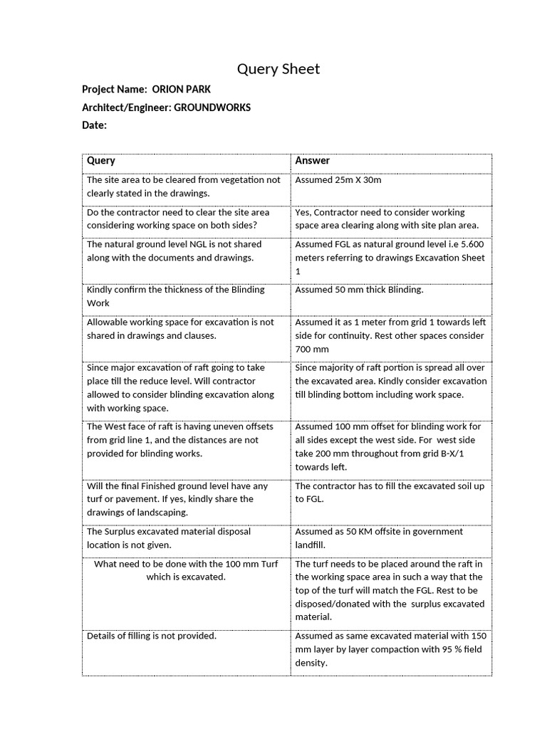 Query Sheet - Groundworks | PDF