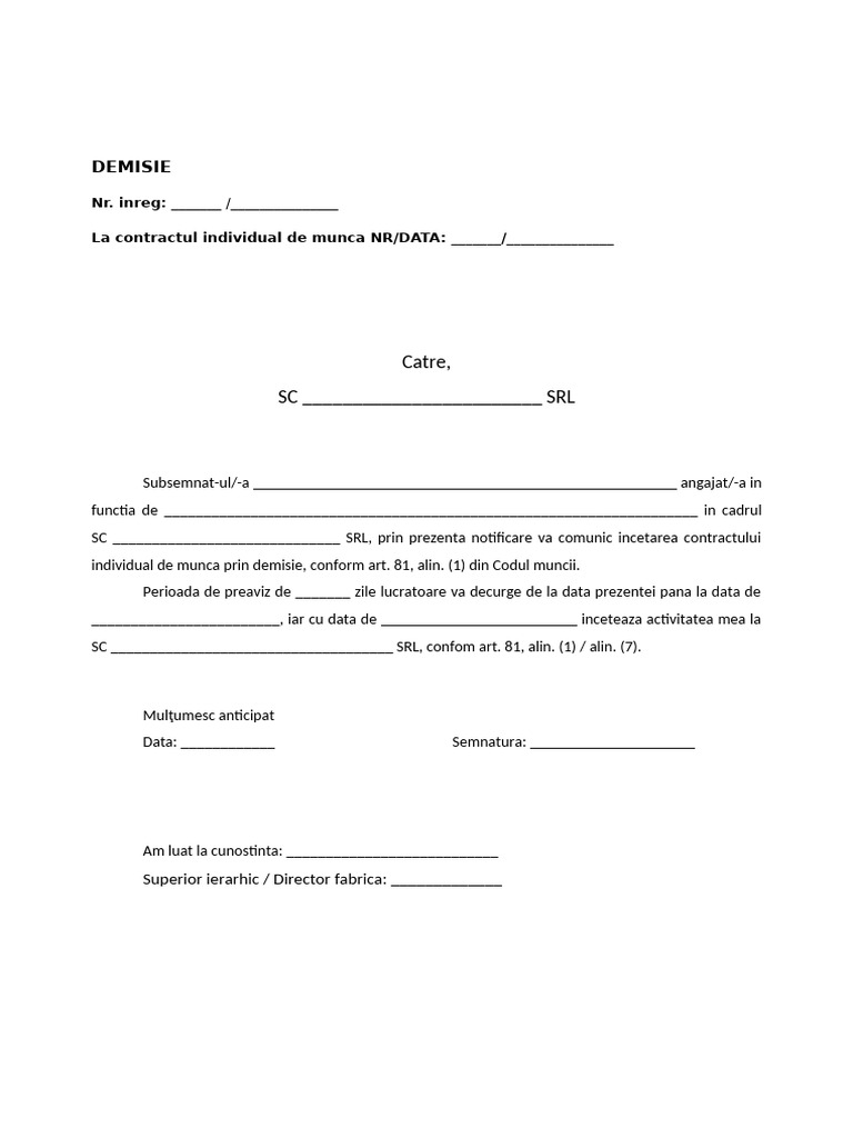demisie cu preaviz - model | PDF