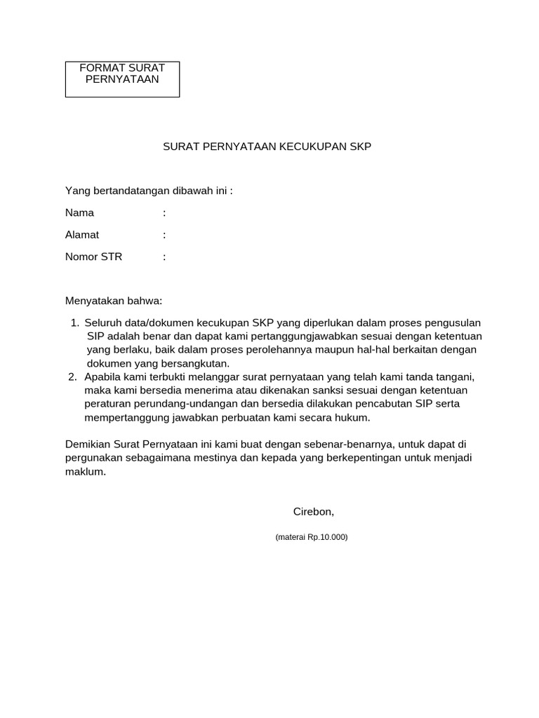 FORMAT SURAT PERNYATAAN KECUKUPAN SKP 2024 | PDF