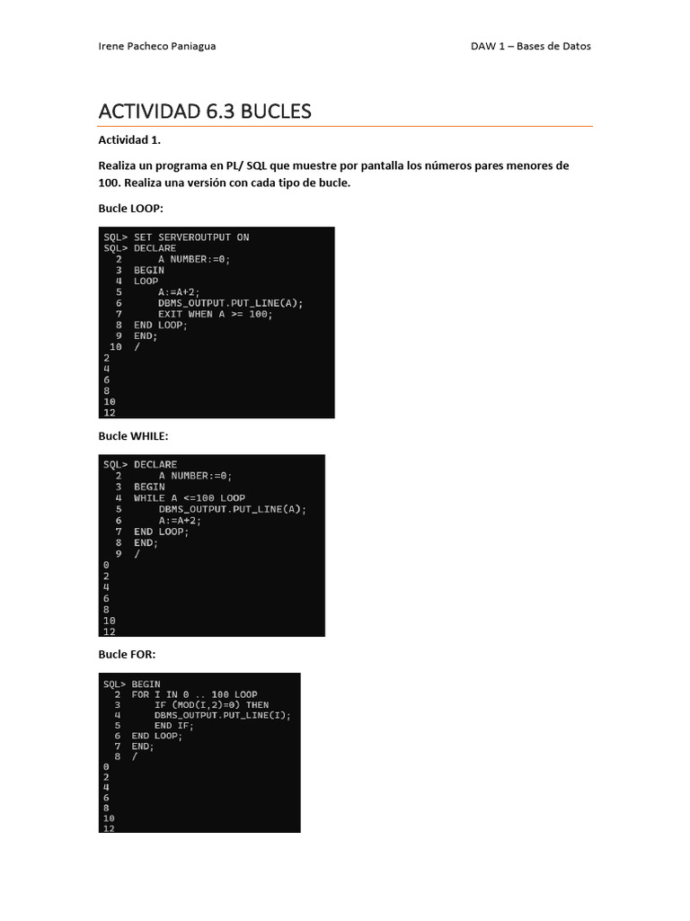 Ejercicios de Bucles en PL/SQL | PDF | Hogar, jardinería y bricolaje