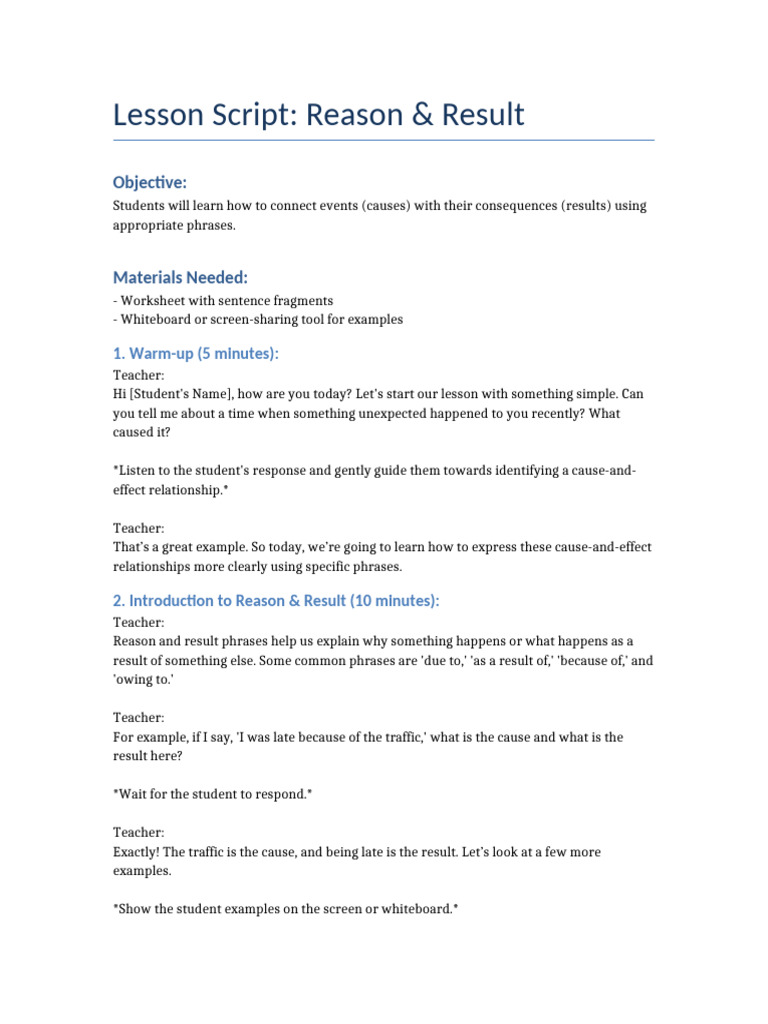 Reason and Result Lesson Script | PDF