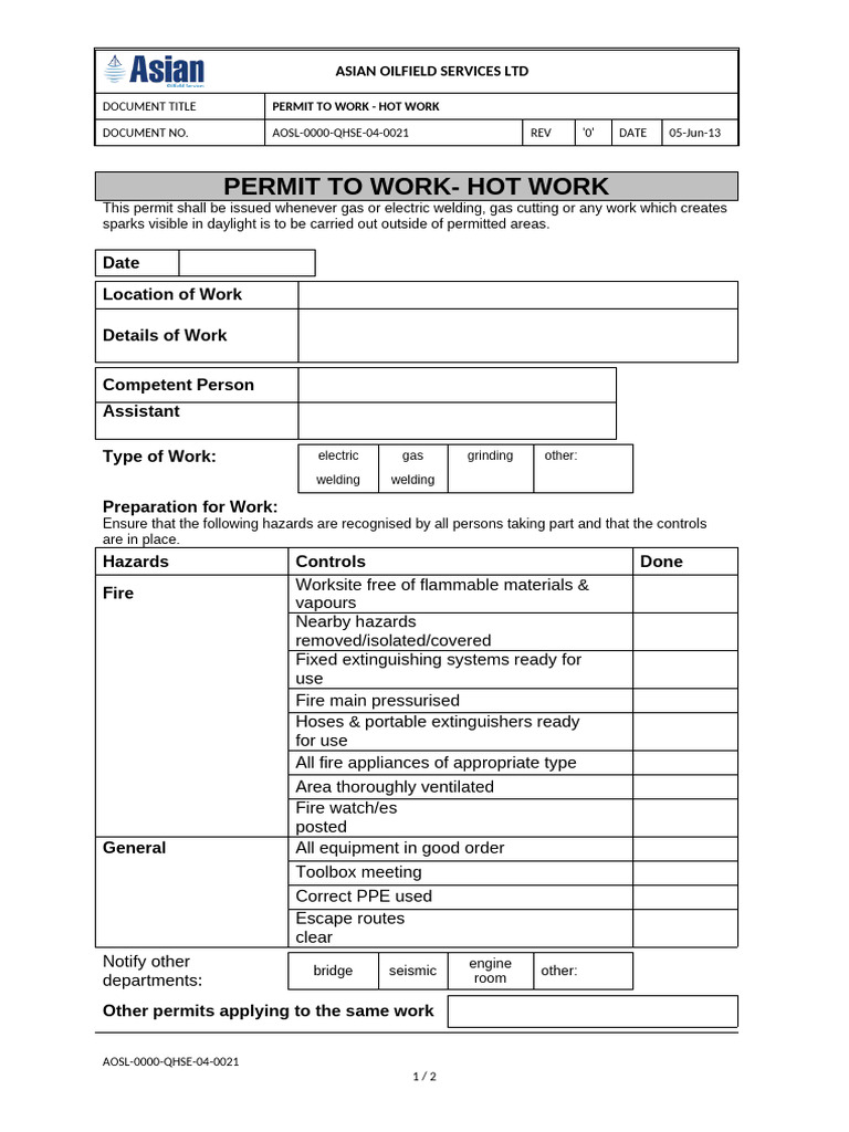 Aosl-0000-Qhse-04-0021 Permit To Work - Hot Work | PDF