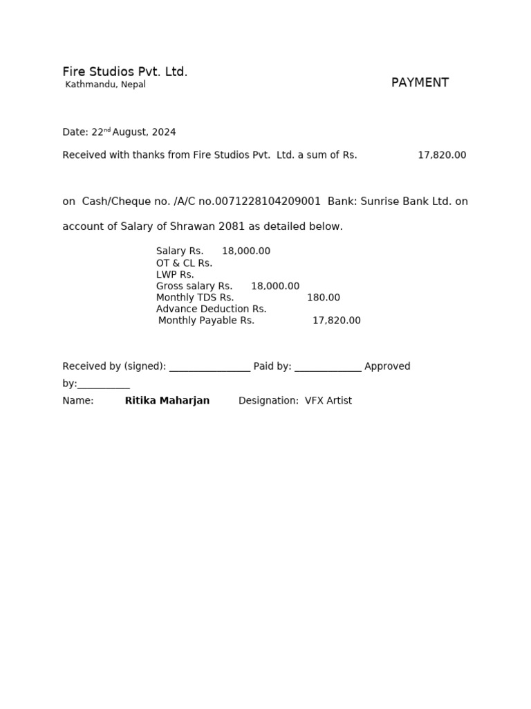 VFX Salary Pay Slip | PDF