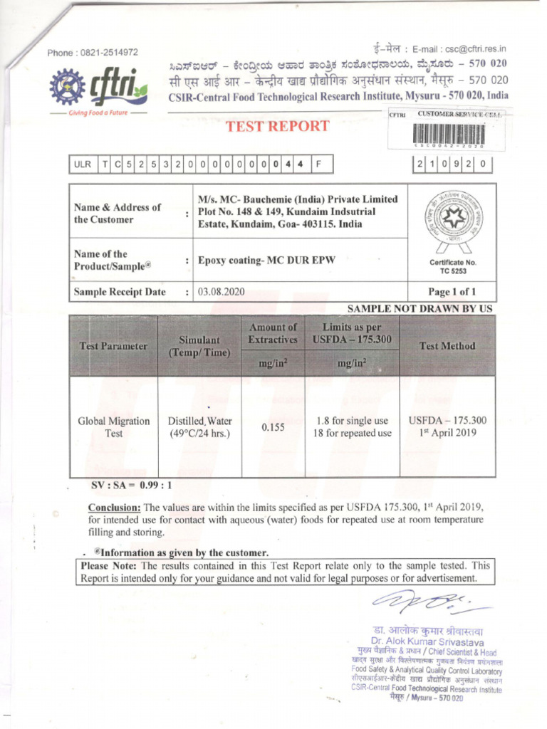 CFTRI Certificate of MC Dur EPW (Food Grade Epoxy) | PDF