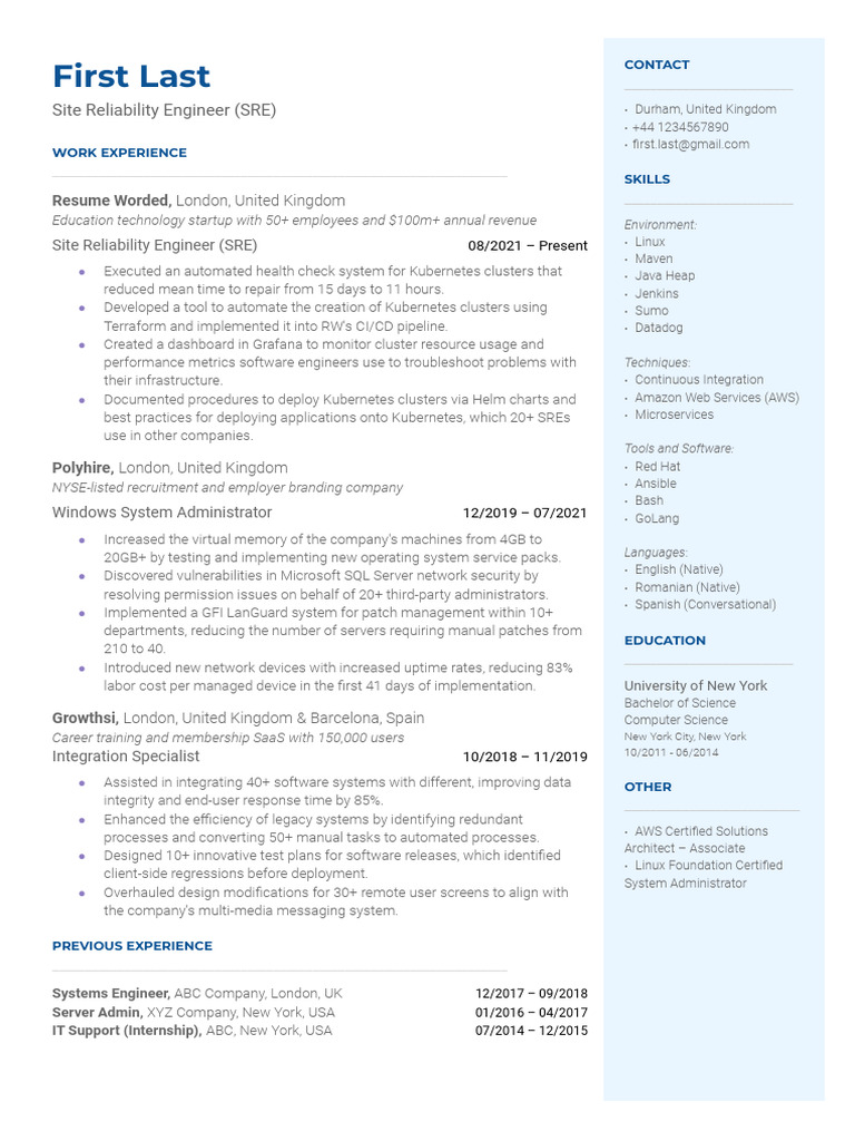 Site Reliability Engineer Sre Template 18 | PDF
