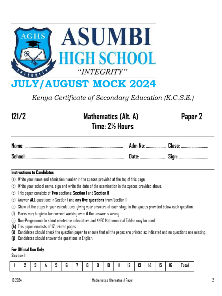KCSE 2024 Mathematics Paper 2 Mock | PDF | Area | Significant Figures