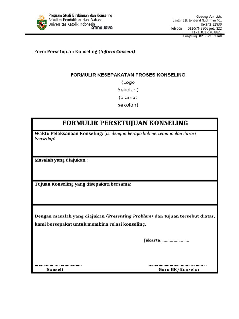 Form Inform Consent Konseling (Persetujuan Konseling) BK Uaj (Terbaru) | PDF