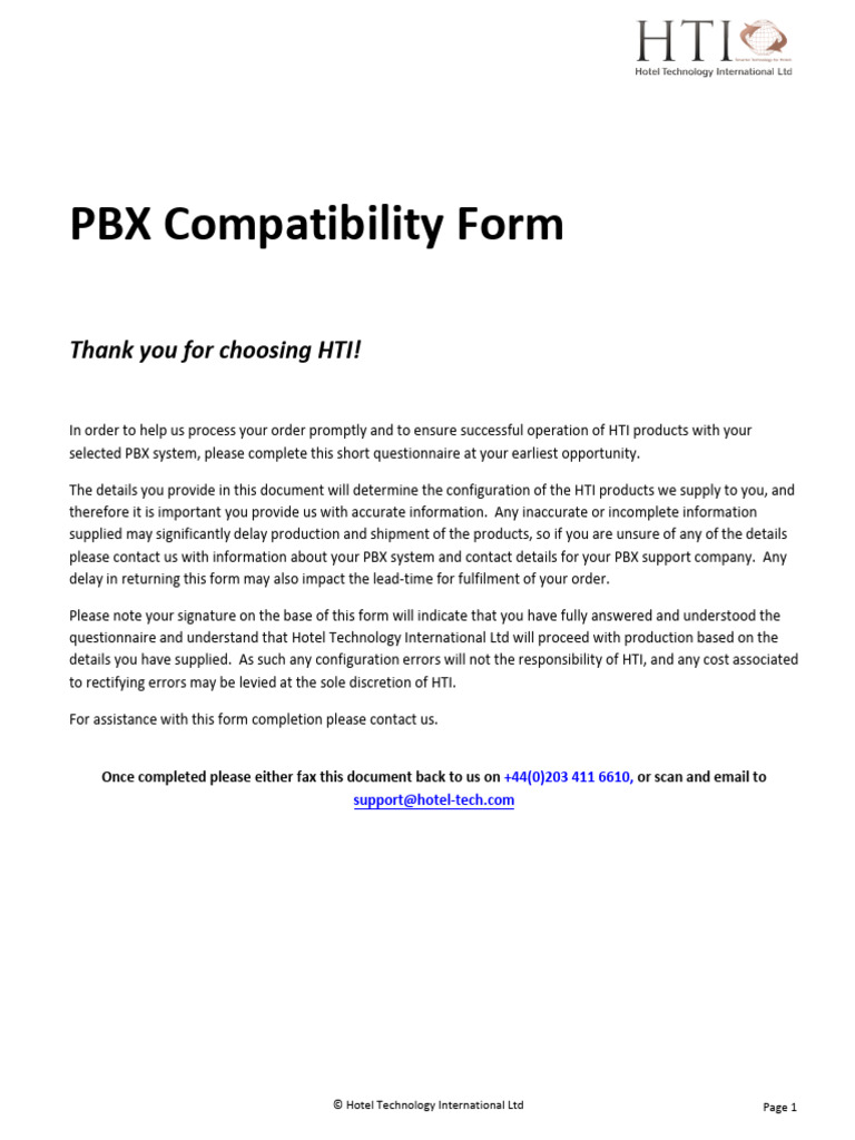 HTI PBX Compatibility Form Fillable | PDF