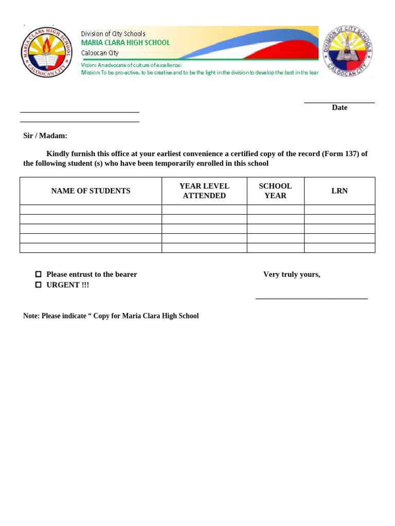 Soft Copy Form 137 Request | PDF