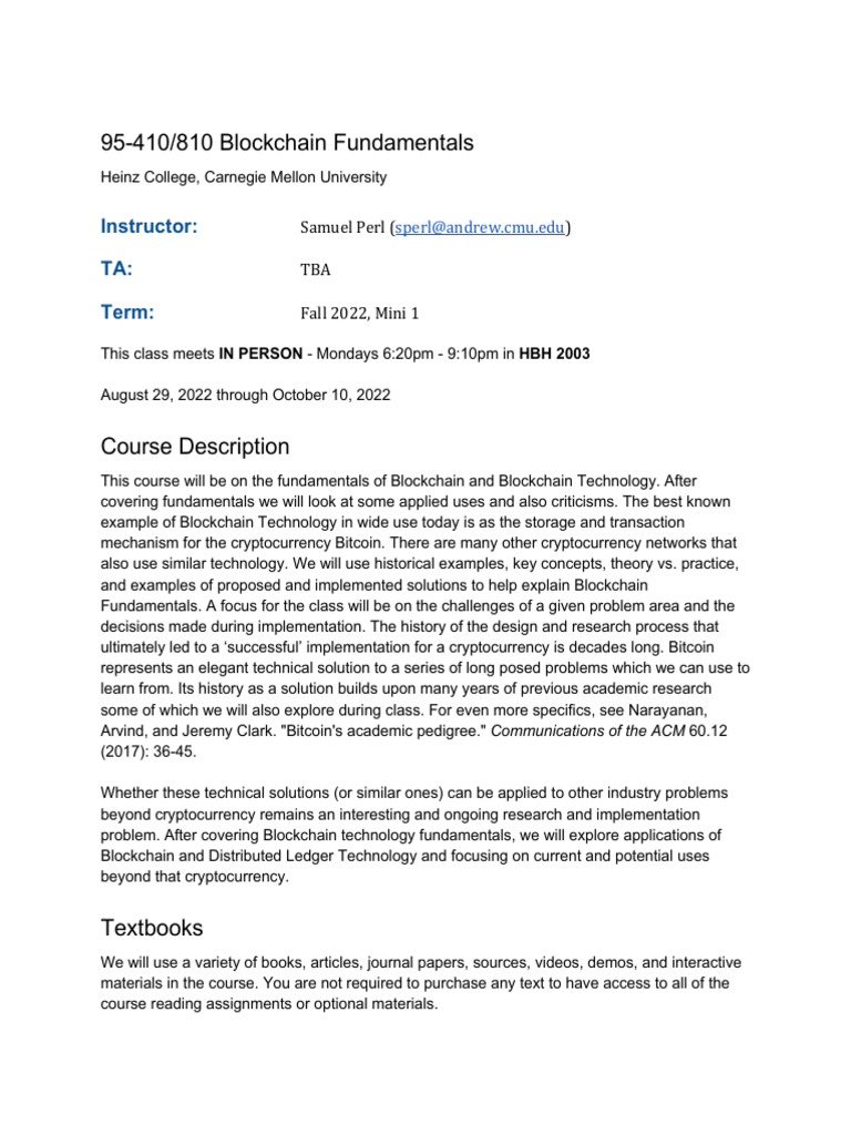 95-410/810 Blockchain Fundamentals: Instructor: TA: Term | PDF