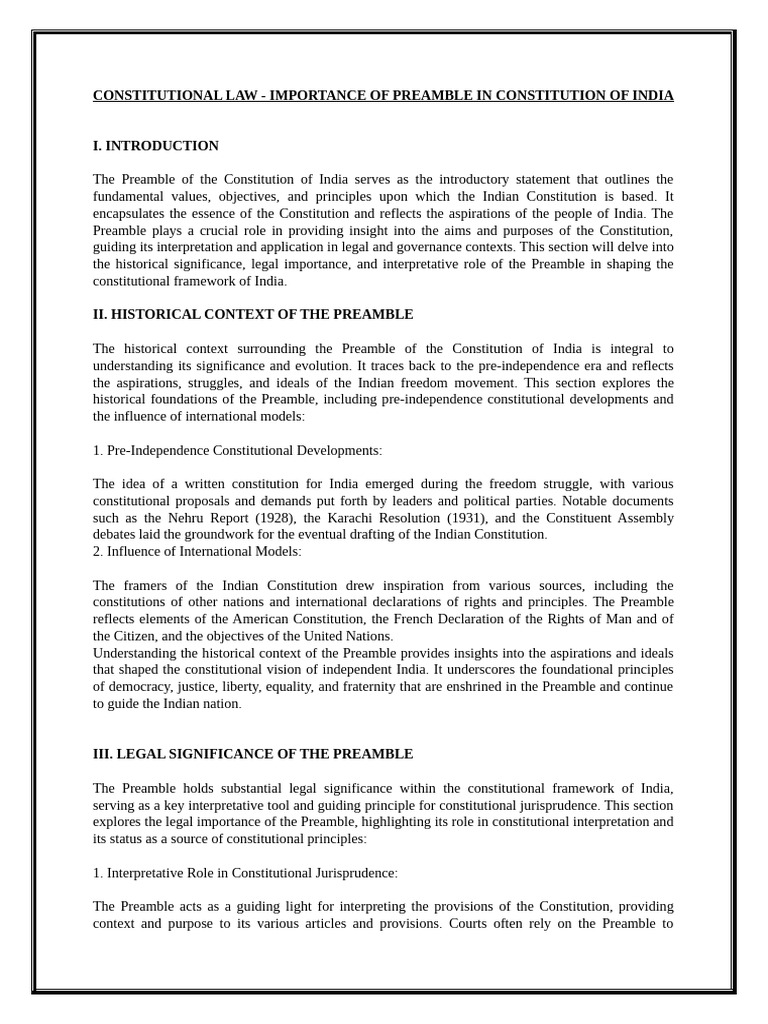 Constitutional Law - Importance of Preamble in Constitution of India | PDF