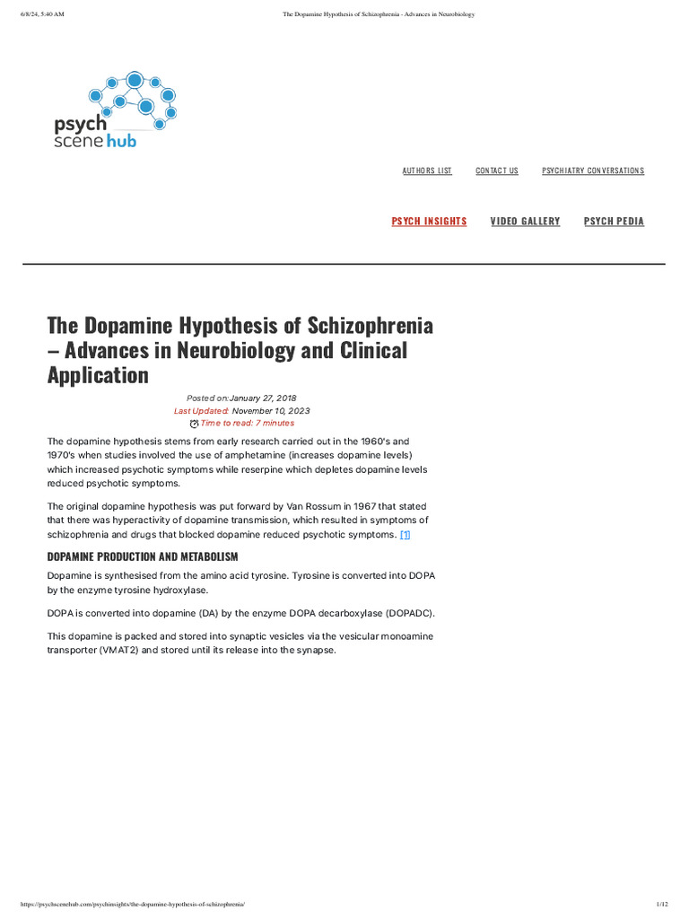 The Dopamine Hypothesis of Schizophrenia - Advances in Neurobiology | PDF