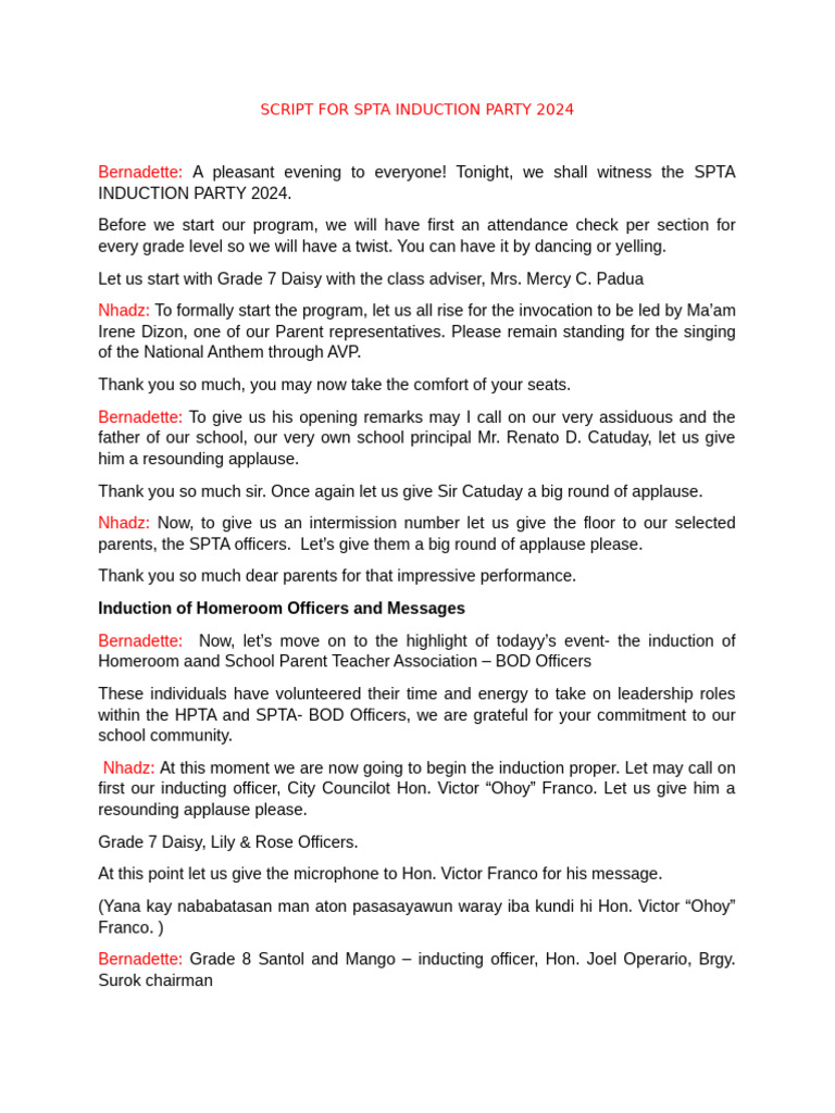 Script For Spta Induction Party 2024 | PDF