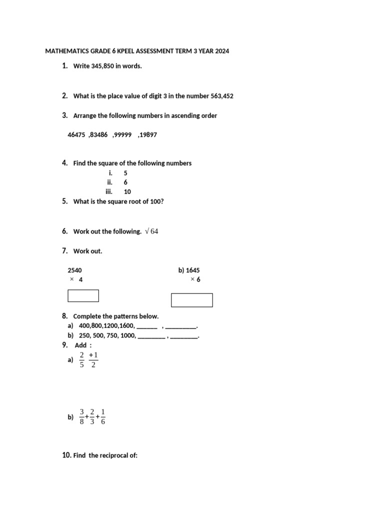 Mathematics Grade 6 Kpeel Assessment Term 3 Year 2024 | PDF