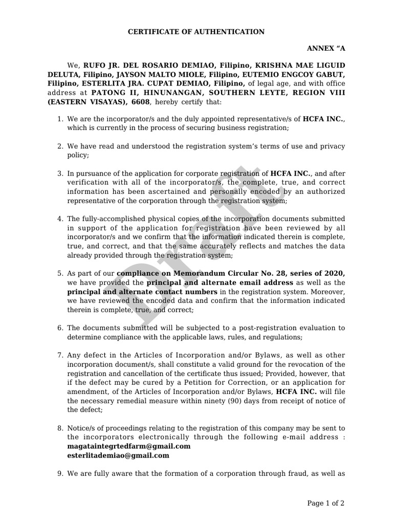 Certificate of Authentication | PDF