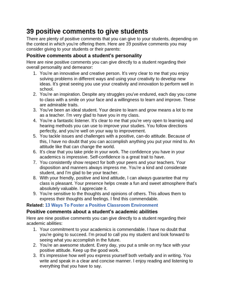 63 Positive Comments For Students To Encourage and Motivate Them ...