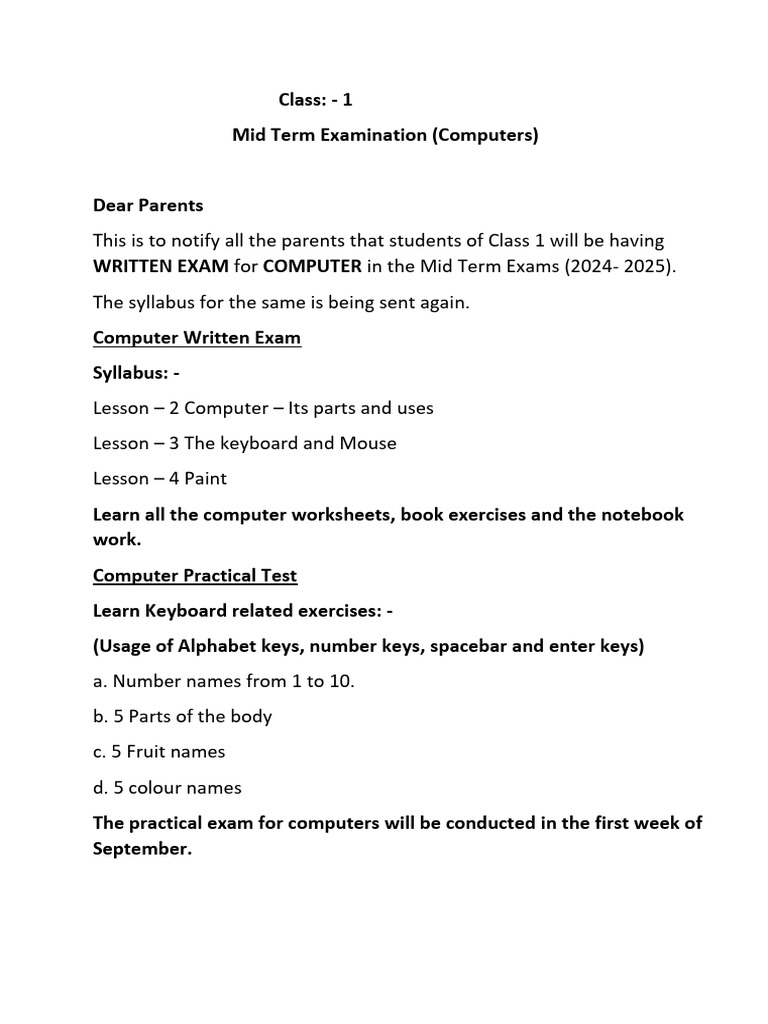 Class 1 Computer Mid Term Exam | PDF
