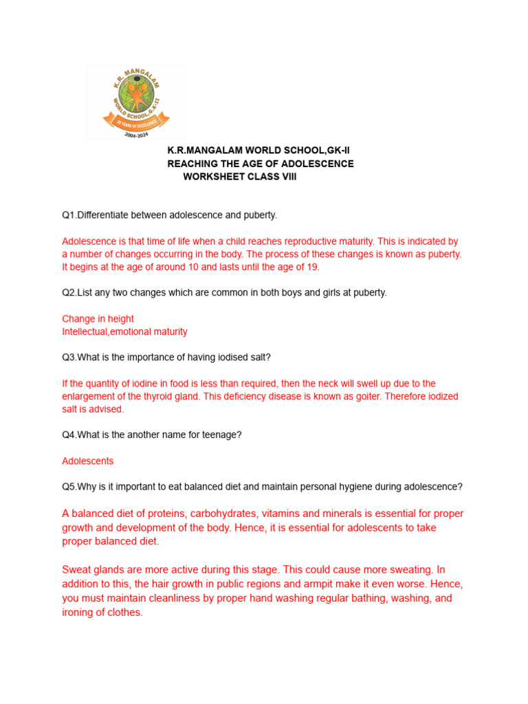 Adolescence Worksheet Viii | PDF