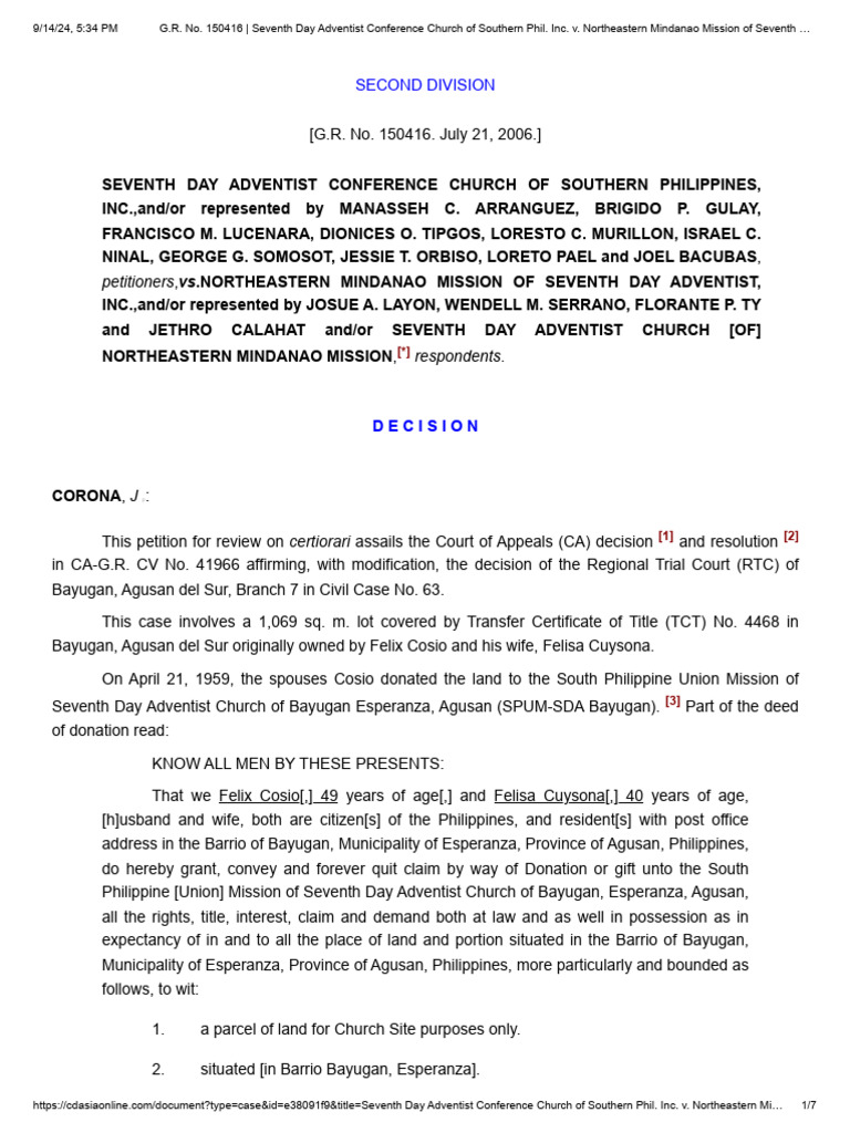G.R. No. 150416 _ Seventh Day Adventist Conference Church of Southern Phil. Inc. v. Northeastern ...