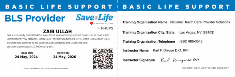 Bls Basic Life Support Certification Course Card | PDF