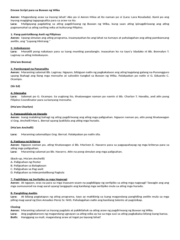 Emcee Script para Sa Buwan NG Wika | PDF