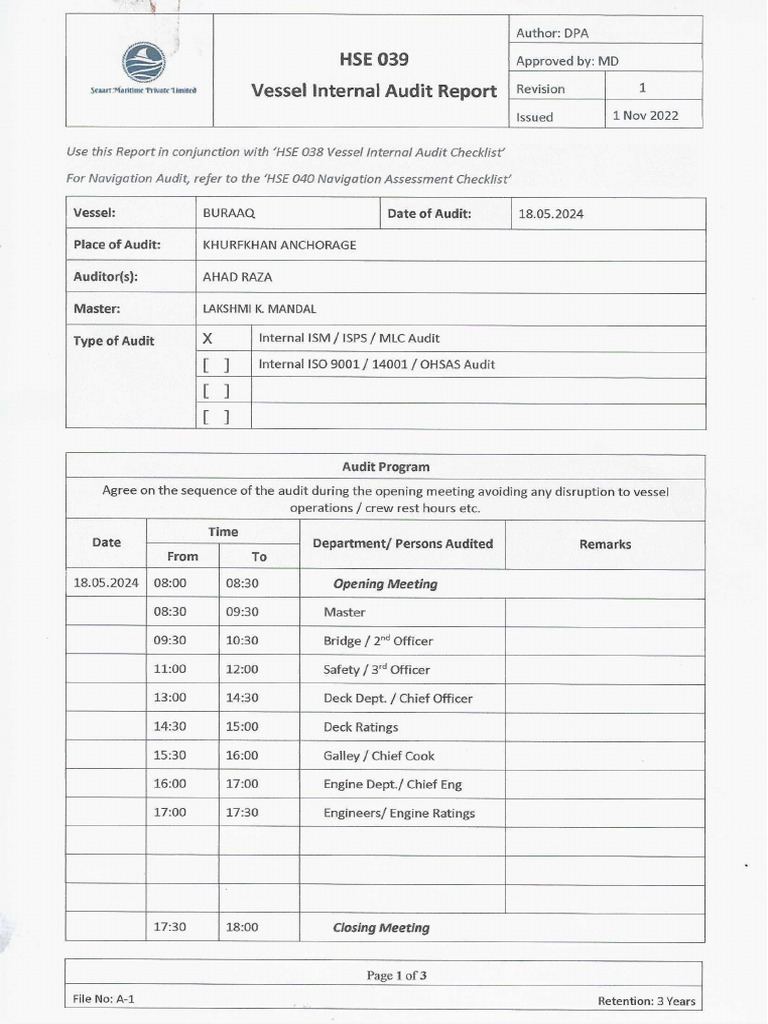 Hse 039 Vessel Internal Audit Report. | PDF