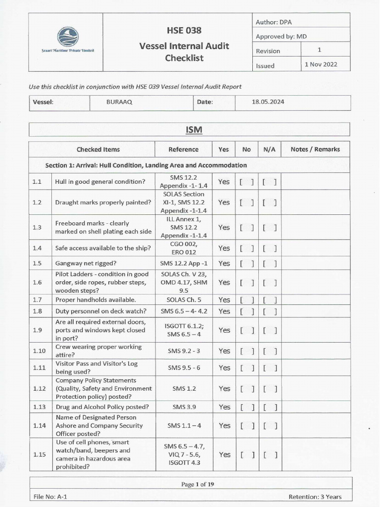 Hse 038 Vessel Internal Audit Checklist. | PDF