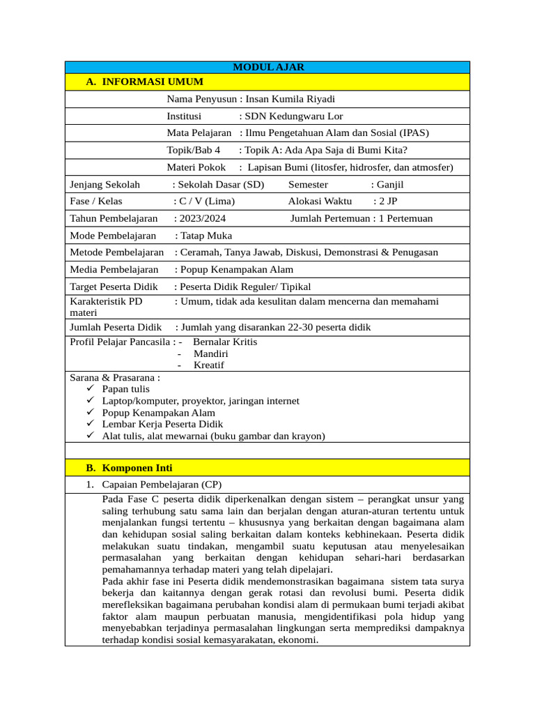 MODUL AJAR - IPAS 5 - Ayo Berkenalan Dengan Bumi Kita | PDF