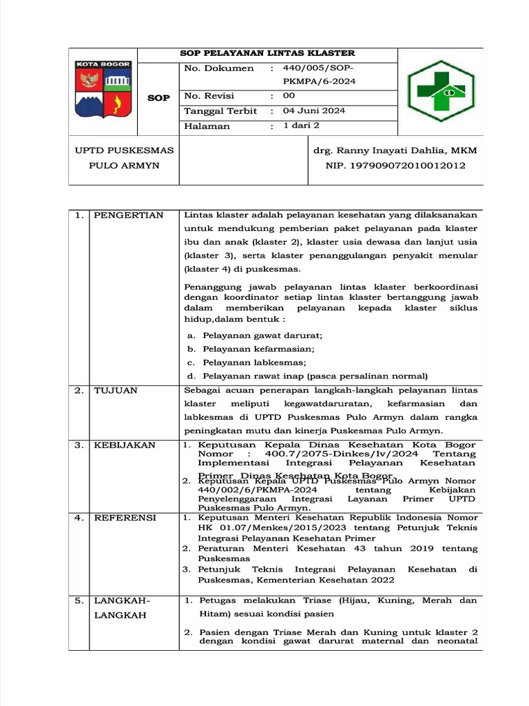 SOP SOP: Sop Pelayanan Lintas Klaster Sop Pelayanan Lintas Klaster | PDF