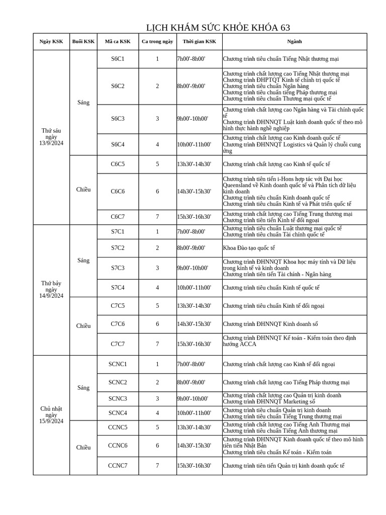 Lich KSK Cho Tân Sinh Viên K63 | PDF