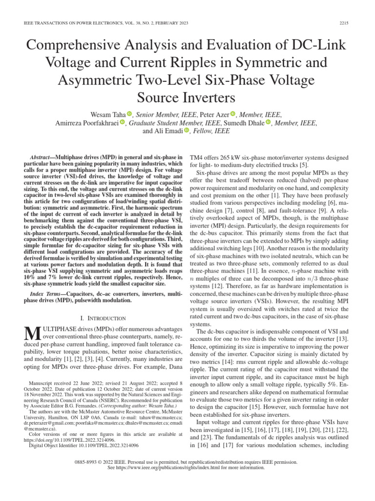 Comprehensive Analysis and Evaluation of DC-Link Voltage and Current Ripples in Symmetric and ...