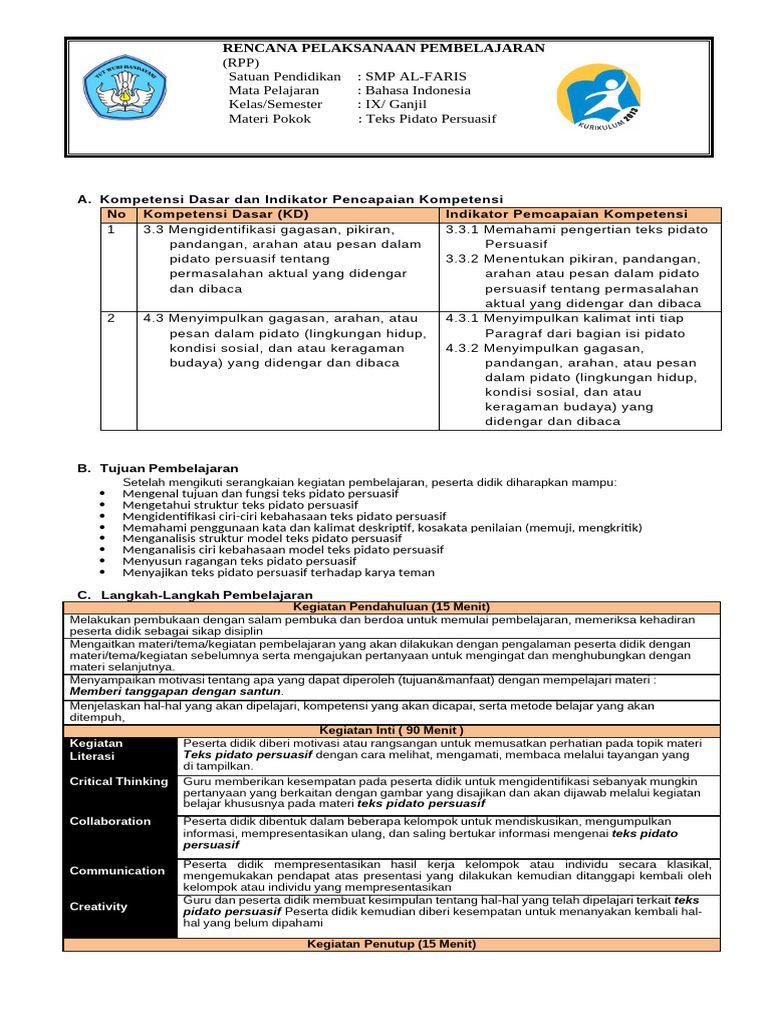 4 - RPP - 1 - Lembar - Bahasa - Indonesia - Kls.9 - Sem.2 - Teks Pidato Persuasif | PDF