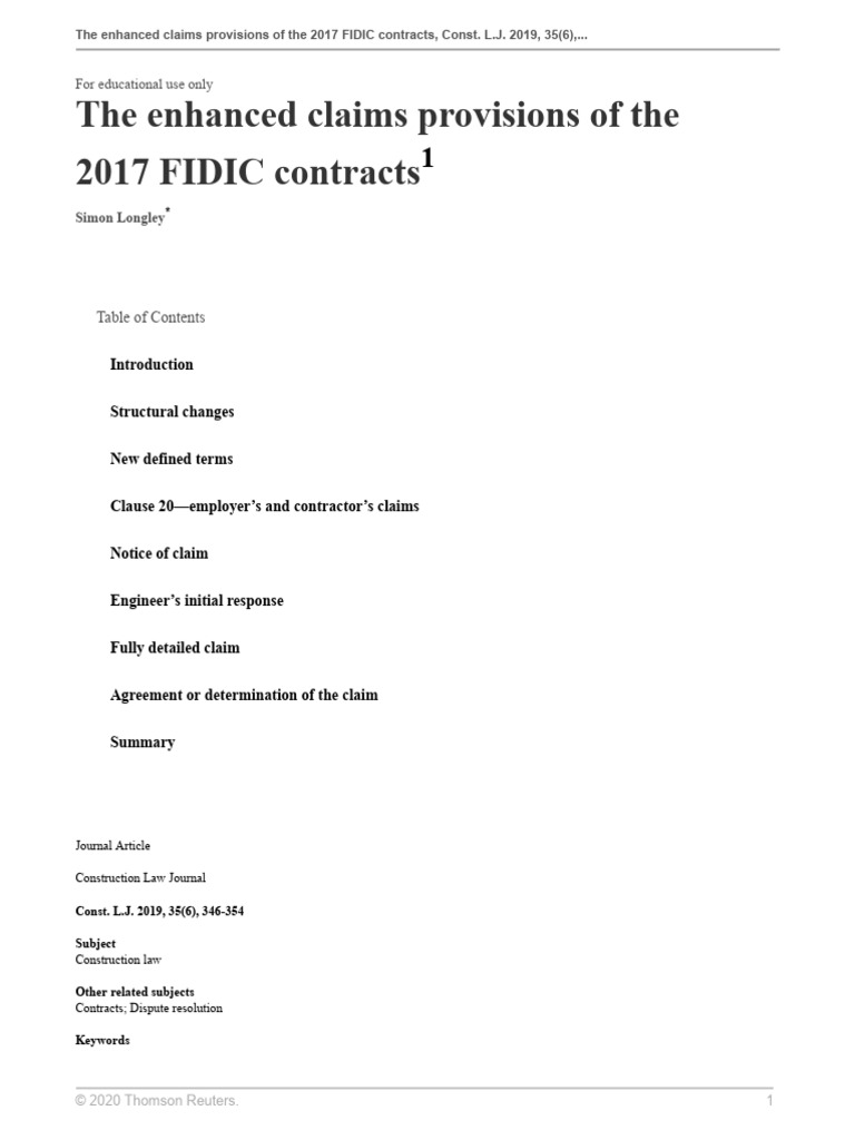The Enhanced Claims Provisions of The 2017 FIDIC Contracts | PDF