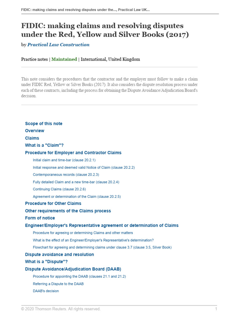 Fidic Making Claims And Resolving Disputes Under The Red Yellow And