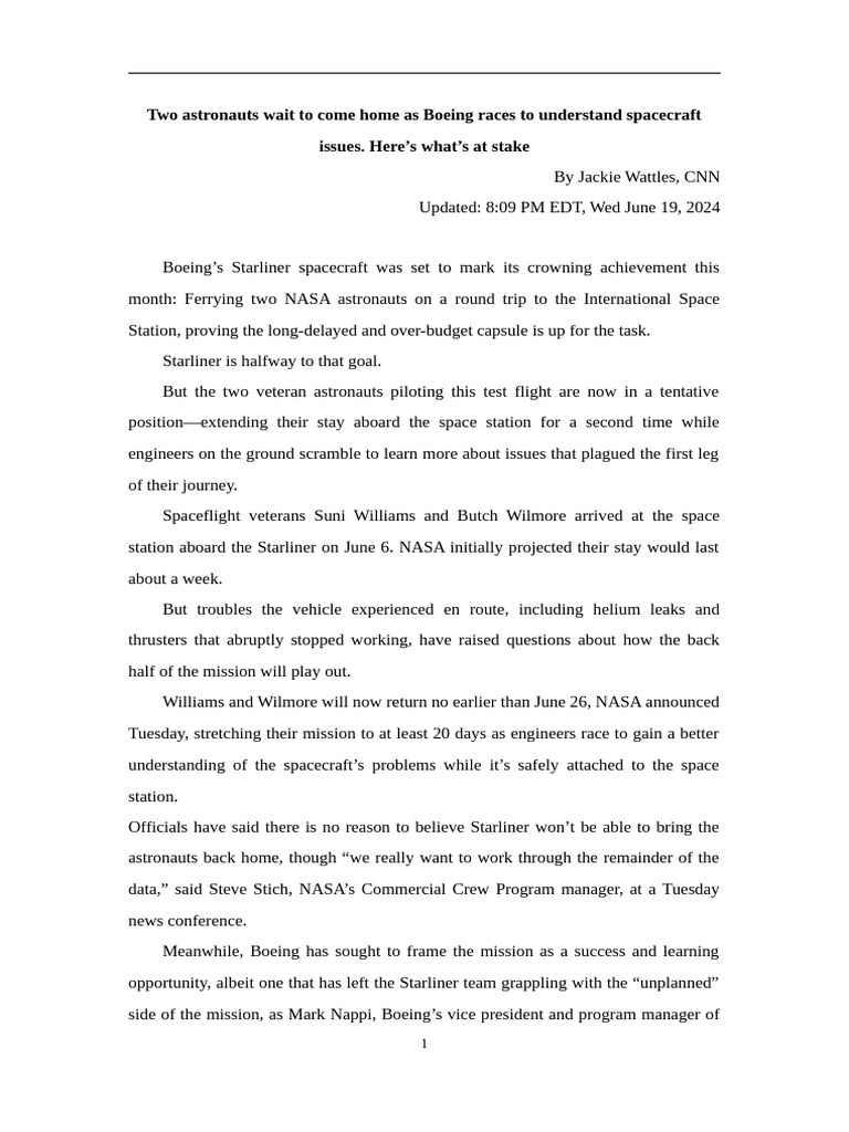 Two Astronauts Wait To Come Home As Boeing Races To Understand ...