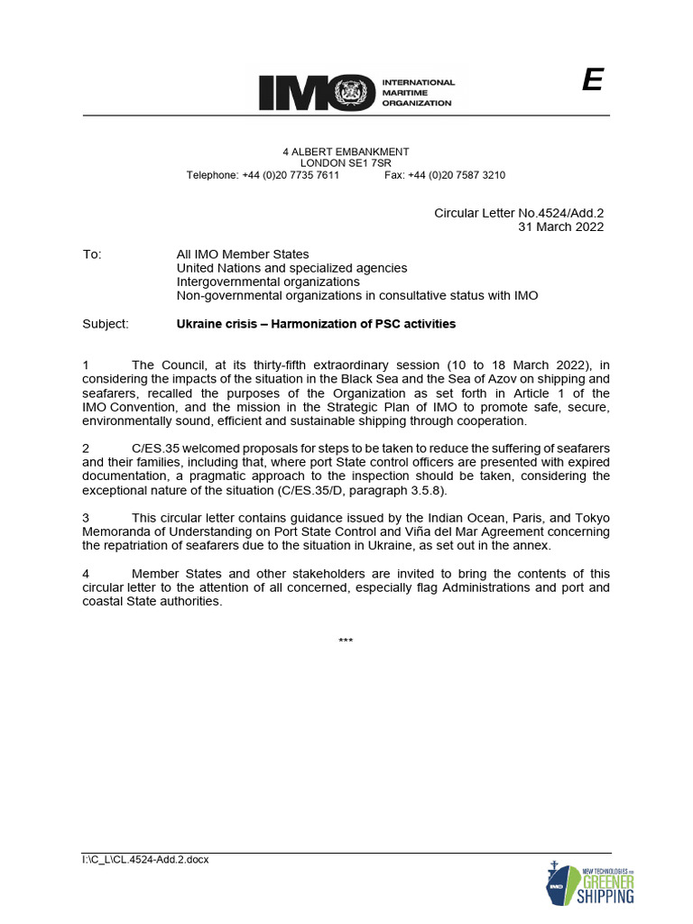 Circular Letter No.4524-Add.2 - Ukraine Crisis - Harmonization of PSC Activities (Secretariat) | PDF