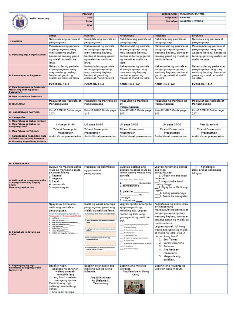 DLL Filipino - Q1 - Week 8 | PDF