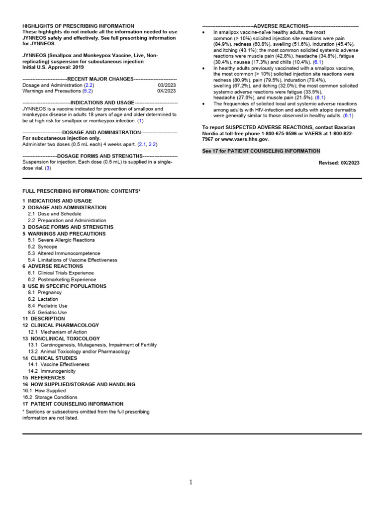 Package Insert JYNNEOS 1 | PDF