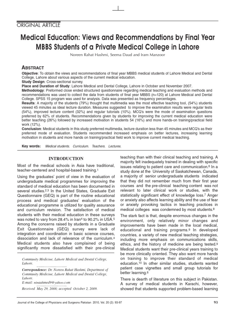 MBBS Students of A Private Medical College in Lahore | PDF