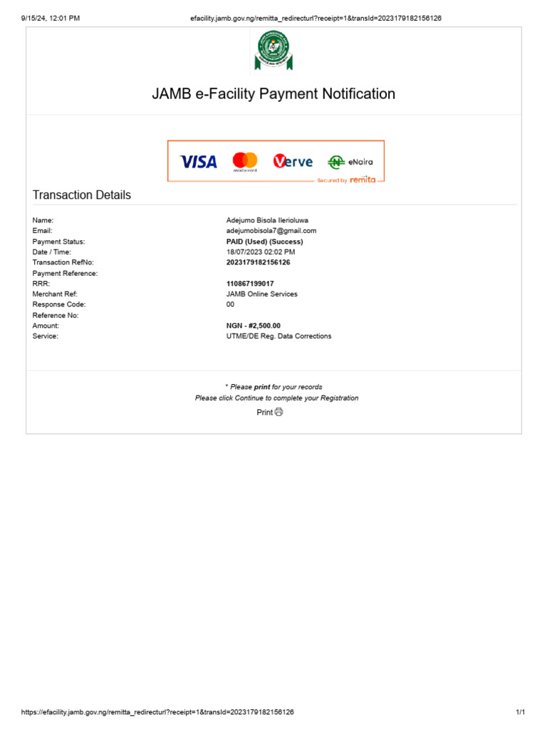 Efacility - Jamb.gov - NG Remitta Redirecturl Receipt 1&TransId ...