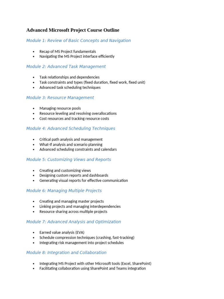Advanced Microsoft Project Course Outline | PDF