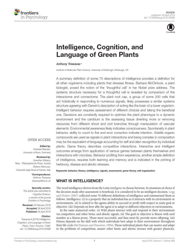 Intelligence, Cognition and Language of Green Plants | PDF