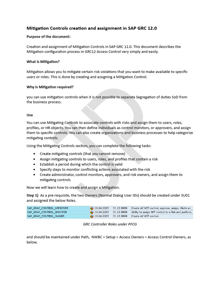 Mitigation Controls Creation & Assignment in SAP GRC 12.0 | PDF ...
