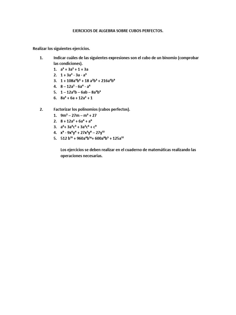 Ejercicios de Algebra Sobre Cubo Perfecto | PDF